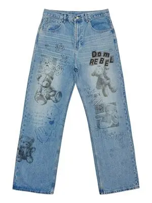 DOMREBEL Belt Loop Jeans With Pattern Embellishment - Medium Blue