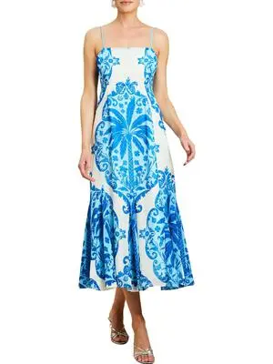 Mestiza New York Reverie Printed Chiffon Godet Scarf Maxi Dress - Blue