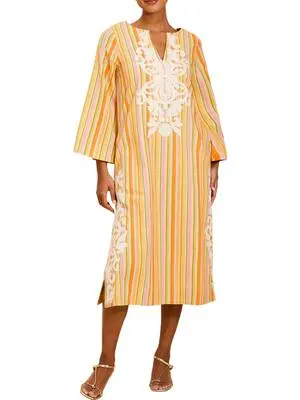 Mestiza New York Ines Embroidered Stripe Kaftan Midi Dress - Orange