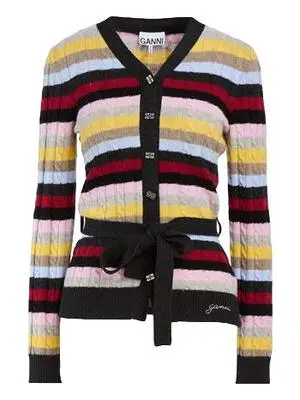 GANNI Intarsia-knit Belted Cardigan - Grey