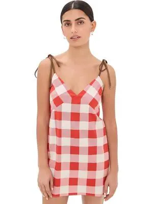 SEROYA Shantie Dress With Gingham Check Print And Leather Tie Shoulders - Geranium Gingham