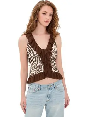 BAILEY ROSE Zebra Print Ruffle Trim V-neck Sleeveless Top - Cream/brown