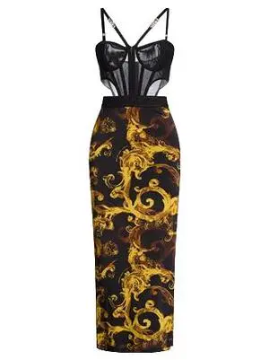 Versace Viscose And Elastane Bodycon Midi Dress With Signature Print - Black