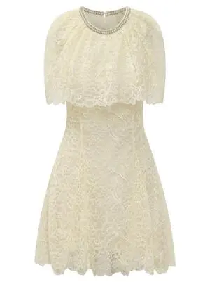 SELF-PORTRAIT Lace Crewneck Mini Dress With Cape Effect And Embellished Neckline - Yellow