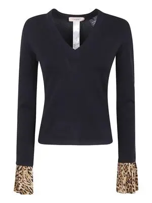 TWINSET V-neck Ruffled Jumper With Leopard Print Cuffs - Black