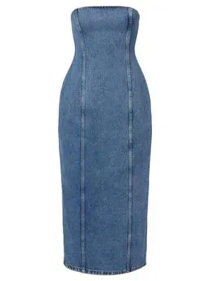 Magda Butrym Strapless Denim Midi Dress With Crochet Trim - Blue