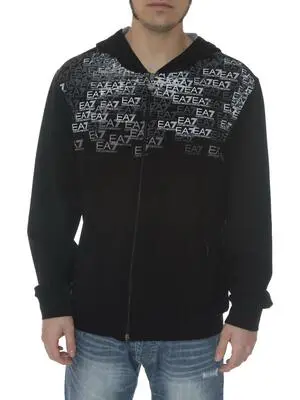 EA7 Logo Print Zip-up Hooded Jacket - Black