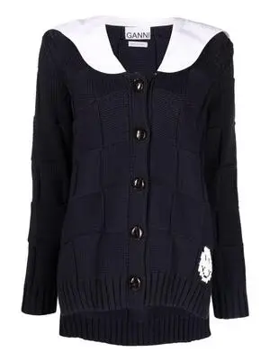 GANNI Sailor Collar Intarsia-knit Cardigan - Dark Blue