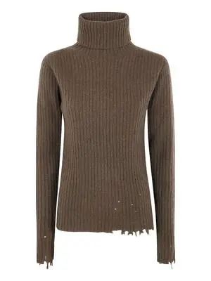 UMA WANG Turtleneck Knitted Jumper With Distressed Details - Army Green