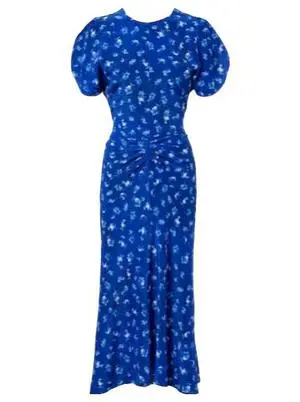 Victoria Beckham Bela Floral Gathered Silk Midi Dress - Blue