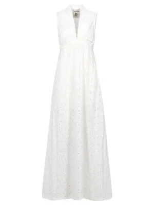 SEMICOUTURE Sleeveless V-neck Crochet Effect Maxi Dress - White