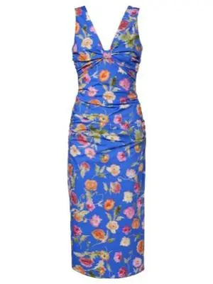 Carolina Herrera Floral Gathered Cotton-blend Midi Dress - Blue
