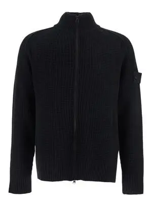 Stone Island Logo Patch Zip-up Cardigan - Black