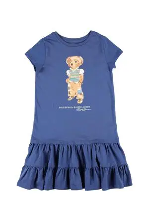 Polo Ralph Lauren Short Sleeve Ruffled Hem Dress With Bear Print - Blue