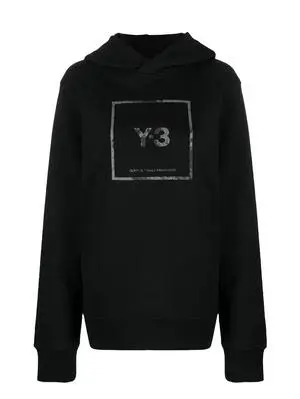 Y3 Logo Print Cotton Hoodie - Black