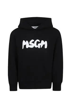 MSGM Long Sleeve Hooded Sweatshirt With Printed Logo - Black