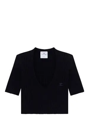 COURREGES V-neck Cropped Knit Top With Embroidered Logo - Black