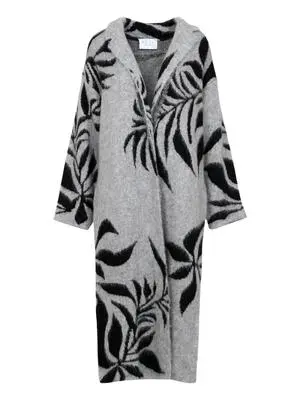 KAOS Jacquard Knit Wool Coat With Wide Sleeves And Floral Motif - Gray