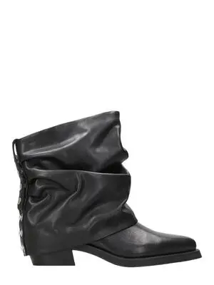 Ash Round Toe Gathered Detail Boots - Black
