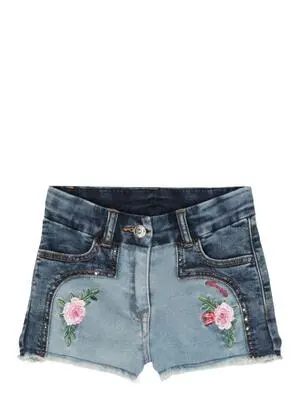 Monnalisa Floral Embroidered Denim Shorts - Blue