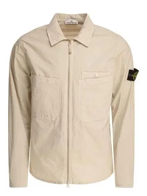 Stone Island Zip-up Jacket With Lapel Collar And Patch Pockets - Sand-colored