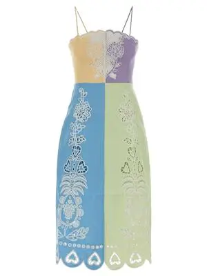 Farm Rio Scalloped-hem Midi Dress With Embroidered Details - Blue