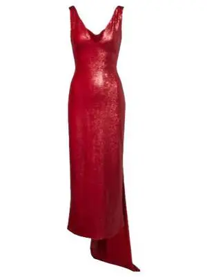 EMILIA WICKSTEAD Sequined Maxi Dress With Draped Neckline And Flowing Train - Red