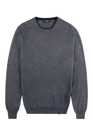 FAY Crew Neck Fine Knit Jumper With Contrast Patch Detail - Gray