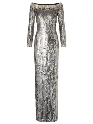 Jenny Packham Sequined Off-shoulder Gown - Gray