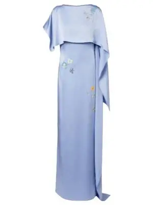 Erdem Embellished Cape Effect Satin Cady Gown - Blue