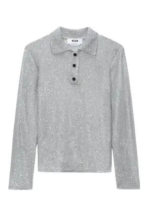 MSGM Long Sleeve Sequin Embellished Knit Polo Top - Grey