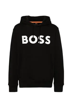 Hugo Boss Logo Printed Cotton Terry Hoodie - Black