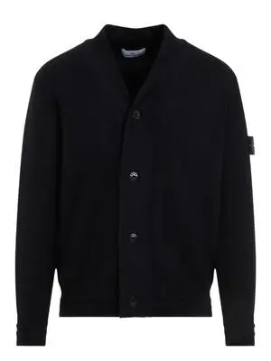 Stone Island V-neck Cardigan With Logo Patch - Blue