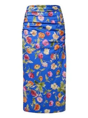 Carolina Herrera Floral Ruched Cotton-blend Midi Skirt - Blue