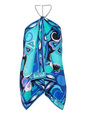 Emilio Pucci Orchidee Silk Twill Halter Top With Chain Detail - Blue