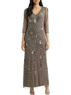 Pisarro Nights Embellished V-neck Gown - Mocha