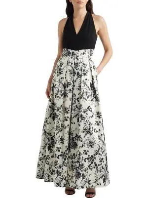 Julia Jordan Floral Print Pleated Gown - Black Multi