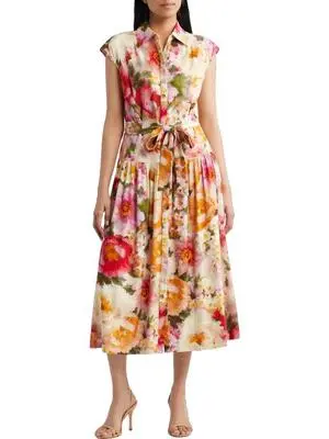 Julia Jordan Floral Print Tie Waist Midi Dress - Ivory Multi