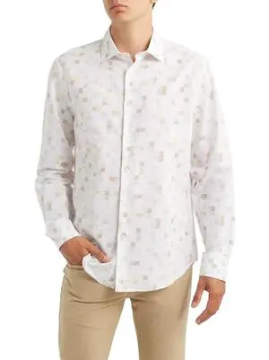 Bugatchi Axel Trim Fit Geometric Print Cotton & Linen Button-up Shirt - Desert