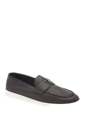 Prada Leather Loafers With Triangular Logo - Caffe