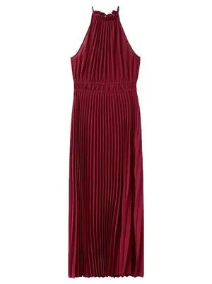 Mango Pleated Halter Neck Midi Dress - Cherry