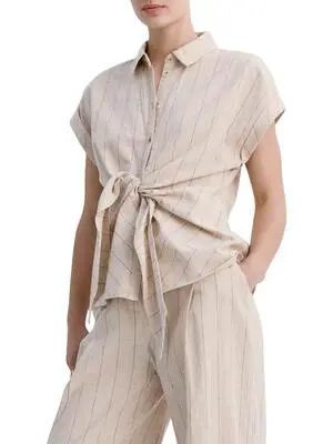 Mango Striped Linen-cotton Shirt With Tie Detail - Brown