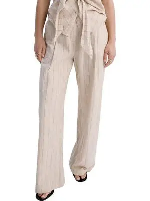 Mango Pinstripe Wide Leg Linen & Cotton Trousers - Brown
