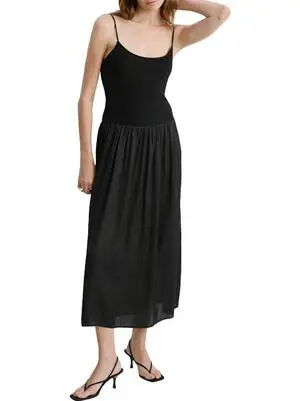 Mango Lace-up Back Drop Waist Mixed Media Dress - Black