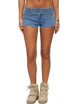 EDIKTED Odetta Studded Low Rise Denim Shorts - Light-blue
