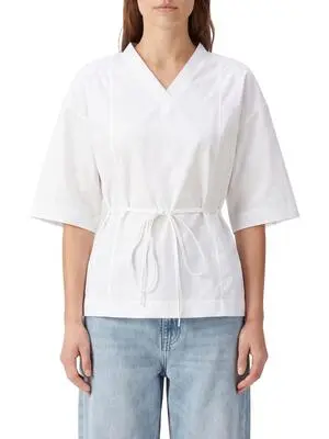 Calvin Klein V-neck Cotton Poplin Wrap Shirt - White
