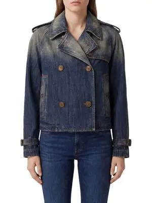 Burberry Double-breasted Short Denim Trench Coat - Blue