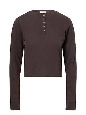 ADANOLA Slub Cotton Long Sleeve Button-up Top - Coffee Bean