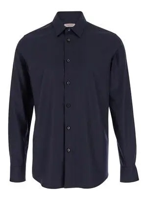 Valentino Garavani Blue Shirt With Classic Collar In Wool Blend - Multicolor