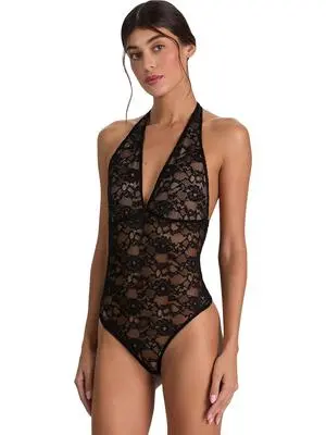 Alice + Olivia Lina Lace Halter Neck Bodysuit - Black